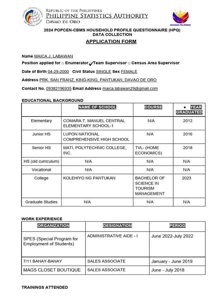 2024 POPCEN-CBMS Application Form | PDF