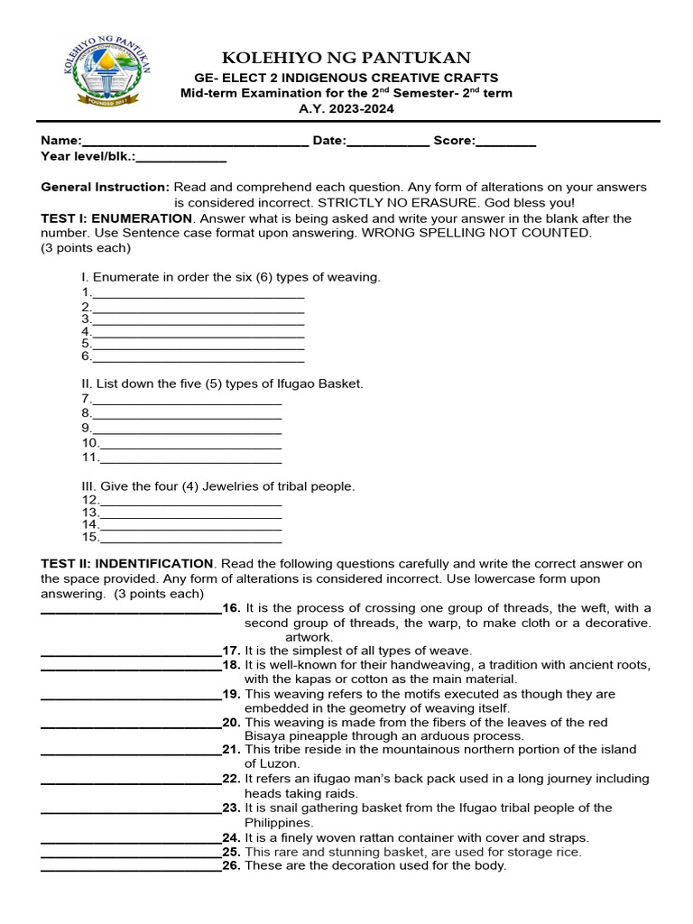 ICC - BSTM 2-2 and BSBA - 1-1, 1-4 2nd Exam For EXAM | PDF | Weaving | Textiles