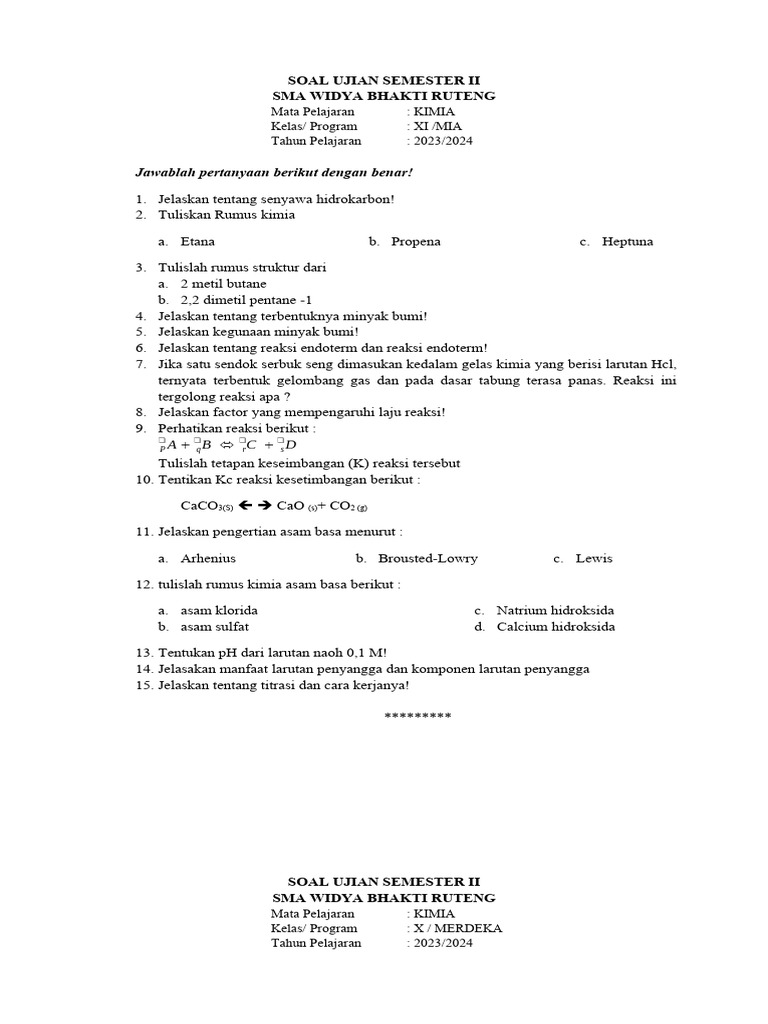 Kimia Soal Ujian Semester Ii | PDF | Teknologi & Rekayasa