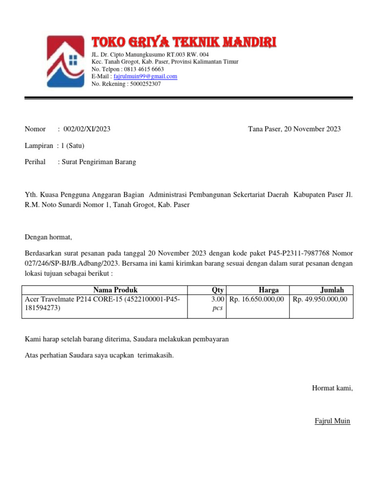 Surat Pengiriman Barang 2 PDF | PDF