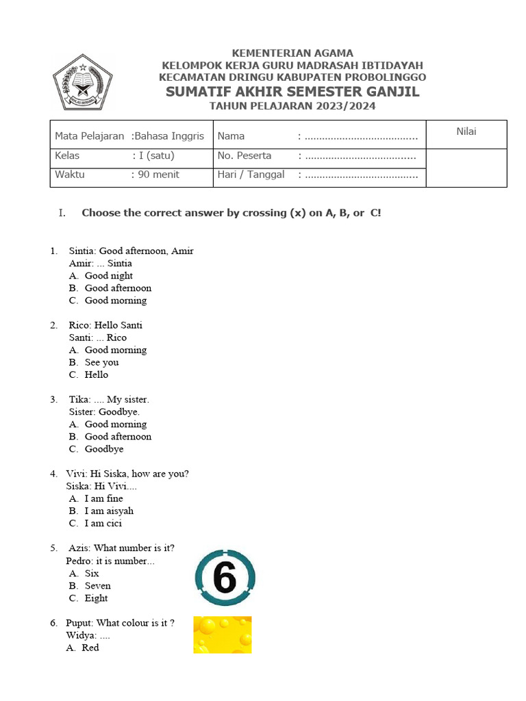 Sumatif Akhir Semester Bahasa Inggris Kls 1 | PDF