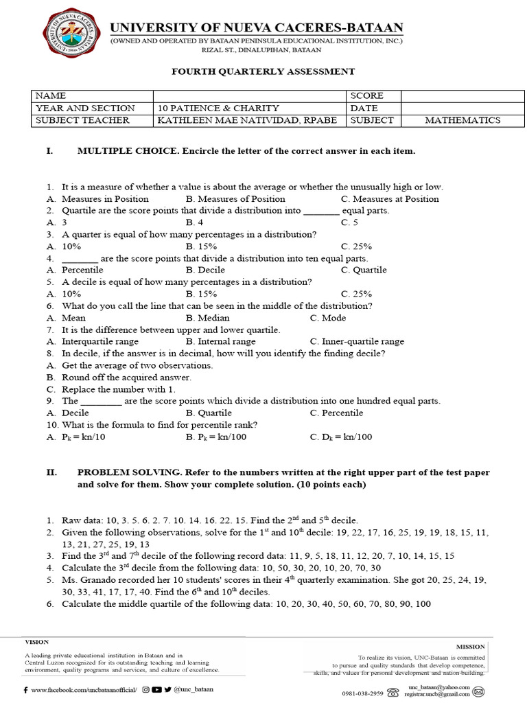 4TH QUARTER EXAM MATH 10 | Download Free PDF | Percentile | Quartile