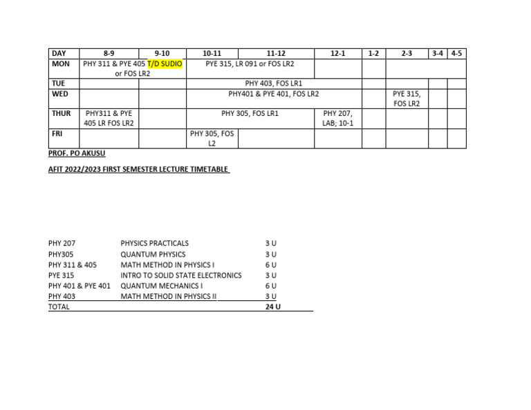 Prof Akusu 2022 - 2023 First Semester Lecture TimeTable | PDF | Science ...