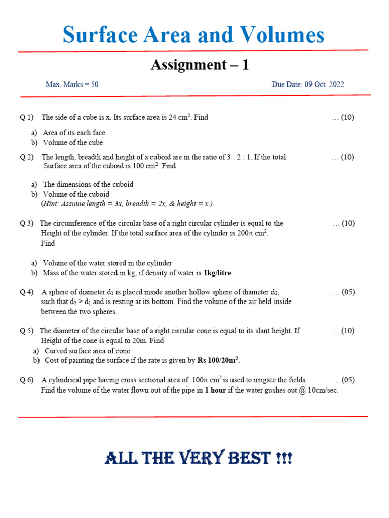 Assignment-1, Surface Area & Volumes | PDF