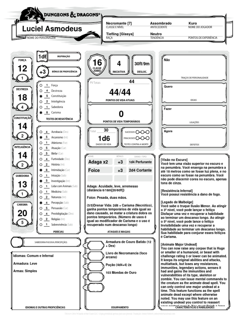 Ficha de Personagem: Necromante D&D 5E | PDF