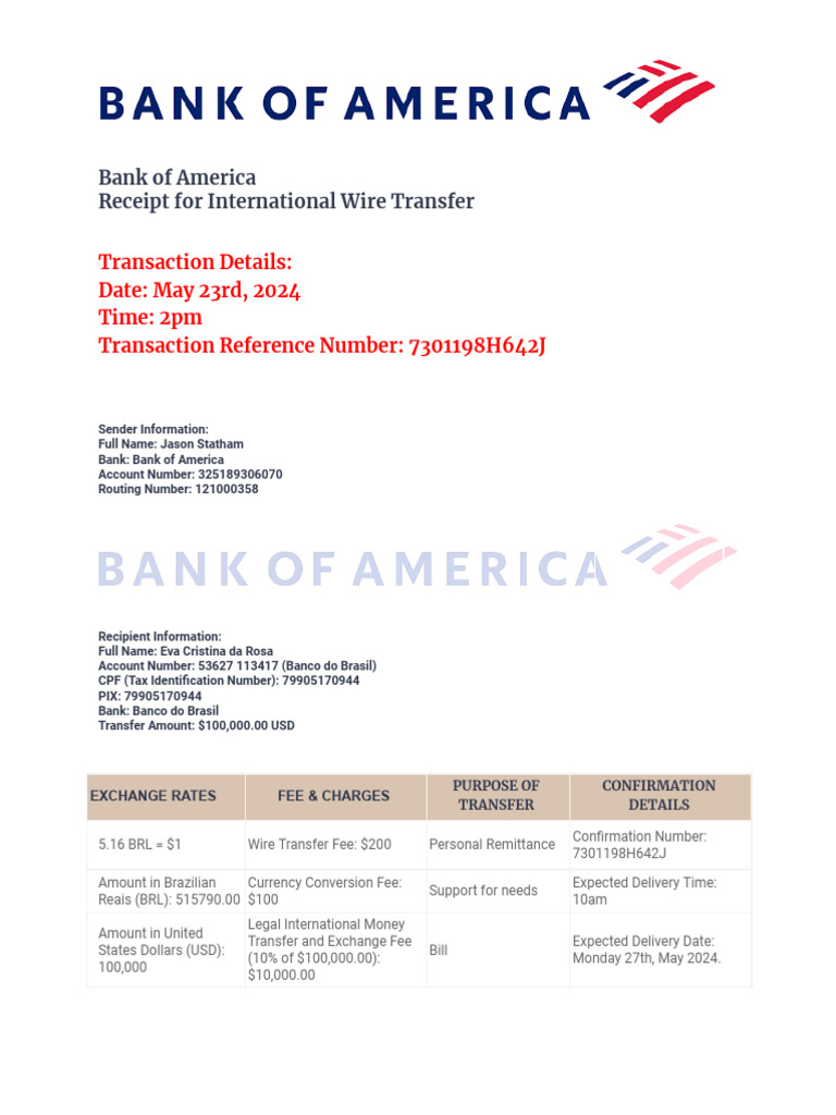 Bank of America Wire Transfer Receipt | PDF