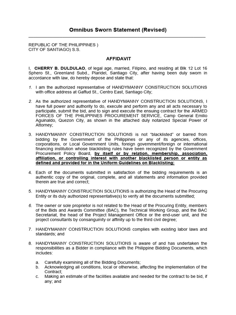 Omnibus Sworn Statement for Bidding | PDF | Affidavit | Fraud
