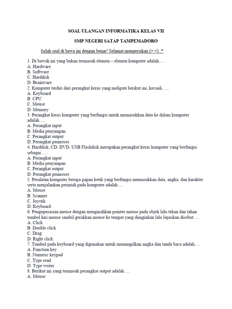 Soal Ulangan Informatika Kelas Vii Dan Soal Ulangan SBK Kelas Viii | PDF | Seni | Komputer