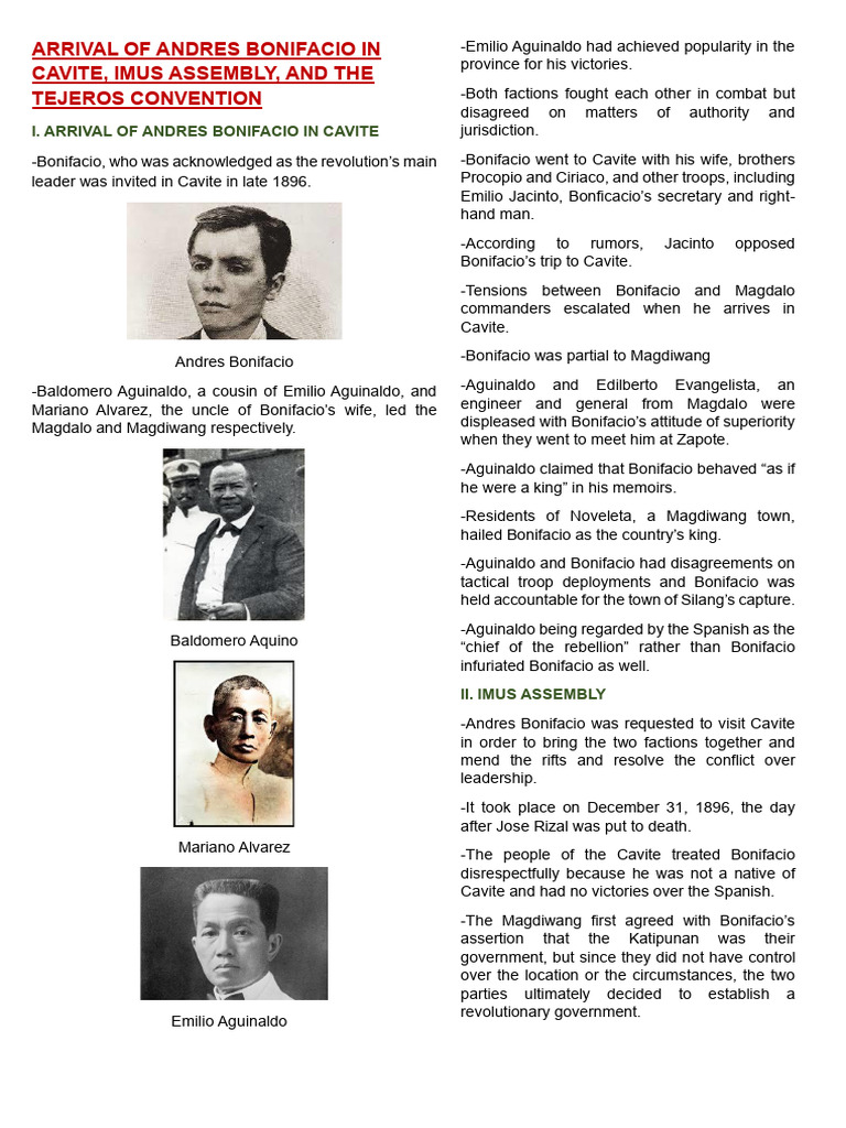 Arrival of Andres Bonifacio in Cavite, Imus Assembly, and The Tejeros ...