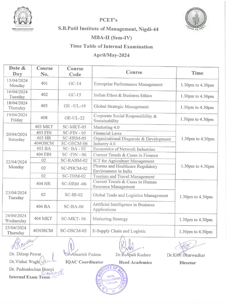 Internal Exam Time Table SEM-IV | PDF