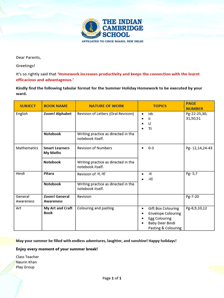 PG Class Summer Holiday Homework Guide | PDF