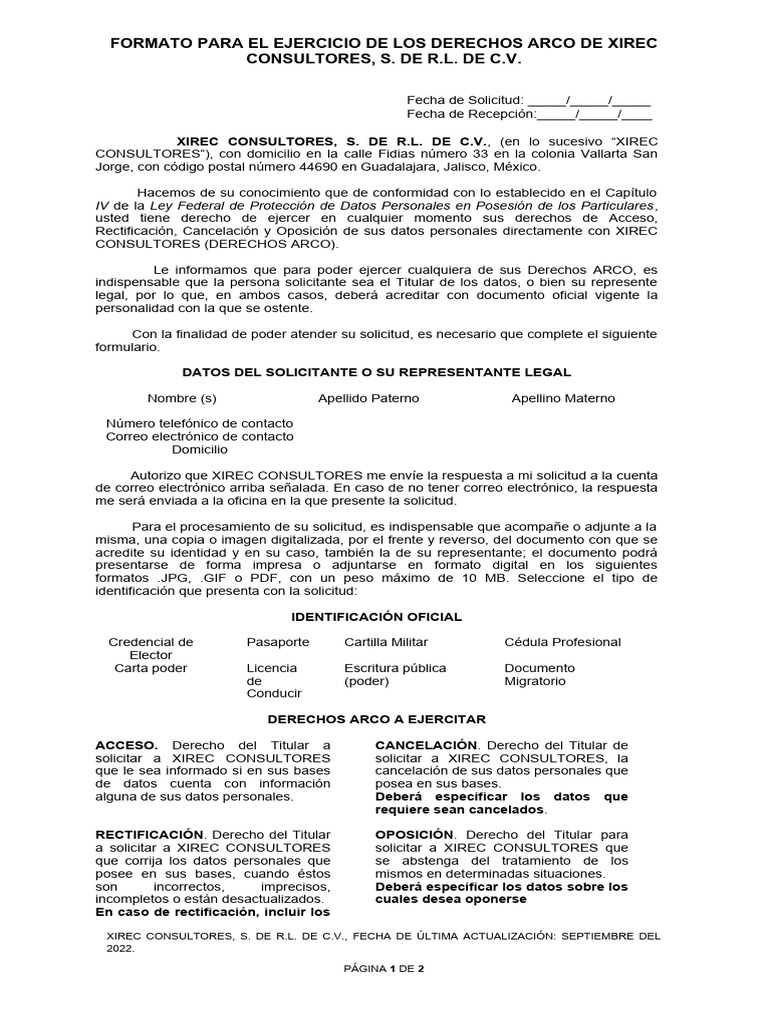 Formato para el ejercicio de los derechos ARCO | PDF