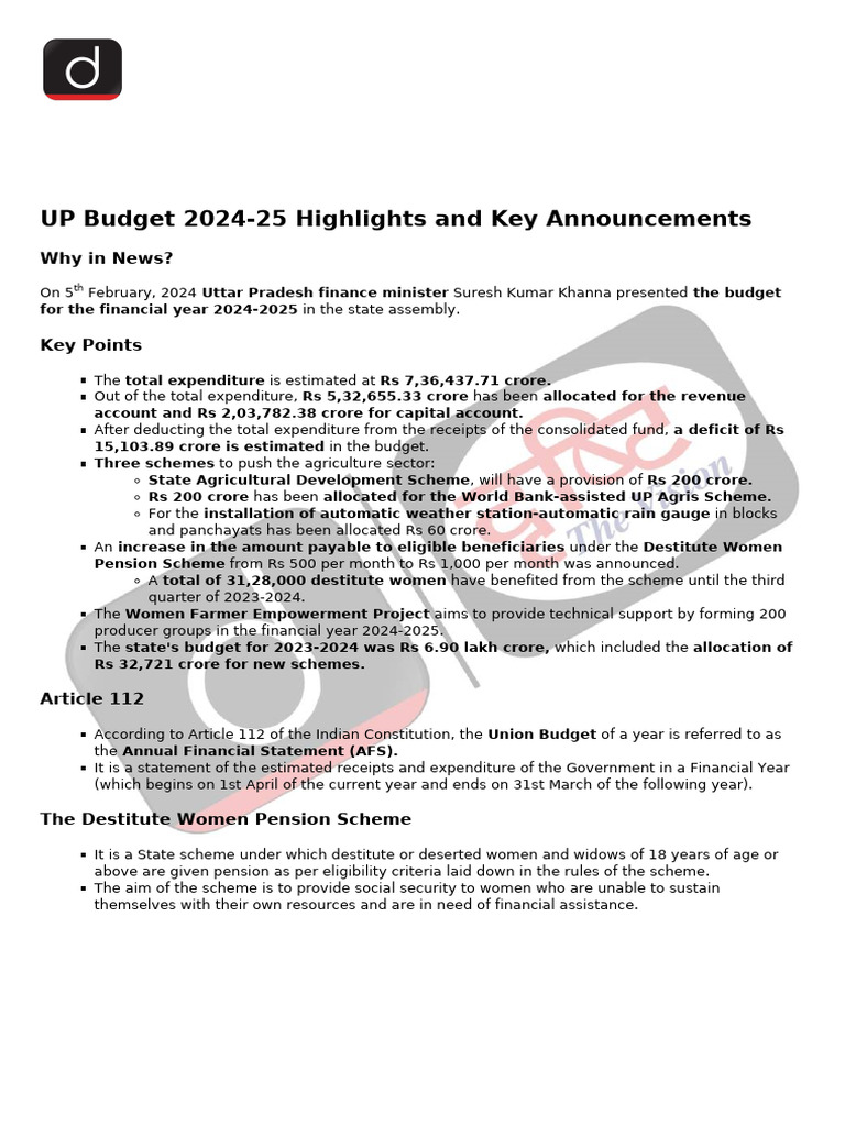 UP Budget 2024-25 | Download Free PDF | Budget | Pension