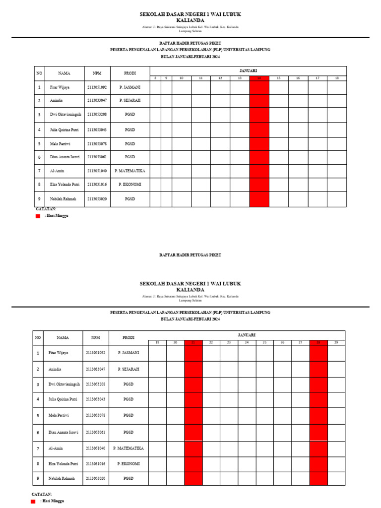 CONTOH ABSEN PIKET | PDF