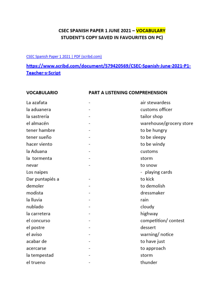 CSEC SPANISH PAPER 1 JUNE 2021 VOCAB (1) | PDF