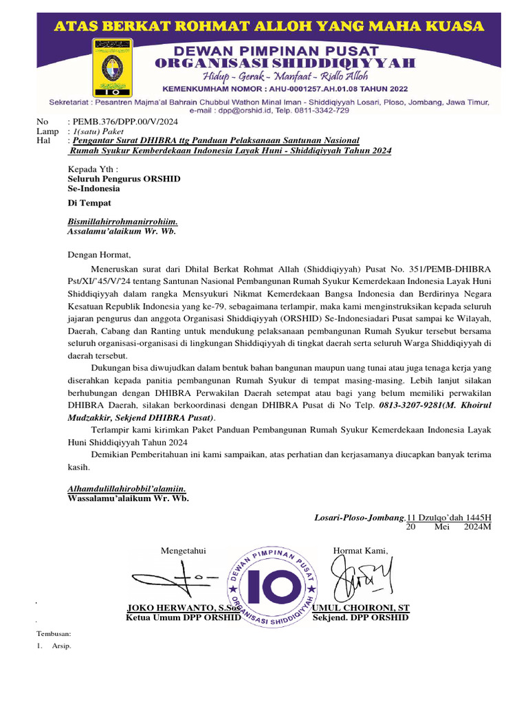 No.376 Pengantar Surat DHIBRA Panduan Rumah Syukur 2024 | PDF