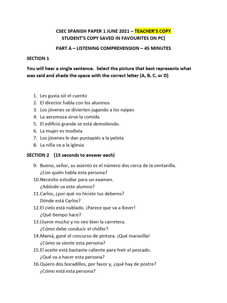 Csec Spanish Paper 1 June 2021 Teacher's | PDF