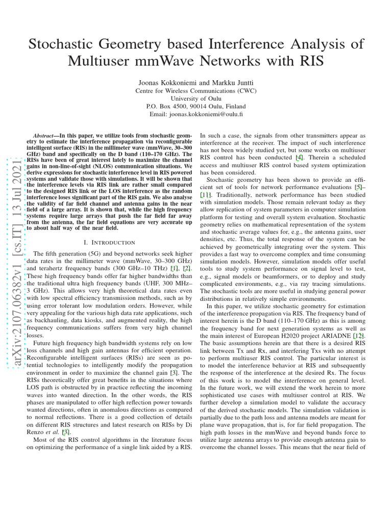 2021 Stochastic Geometry Based Interference Analysis of Multiuser Mmwave Networks With RIS | PDF ...