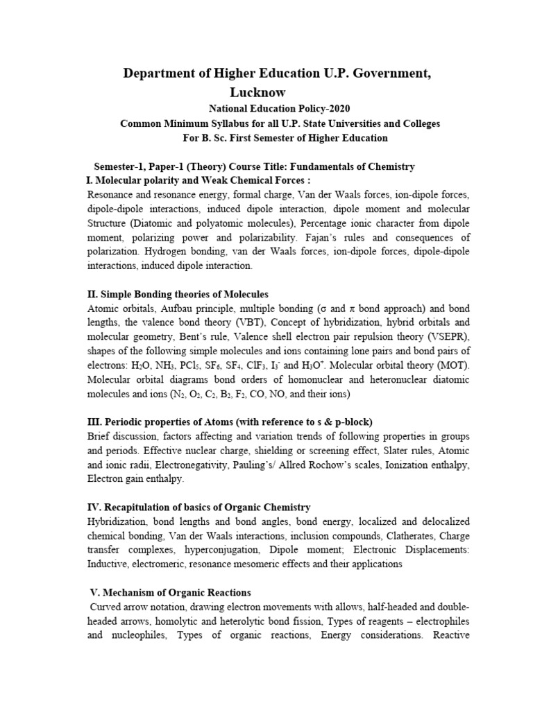 B.Sc. 1st Semester Chemistry Syllabus | PDF | Intermolecular Force ...