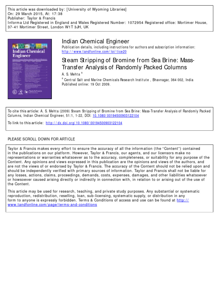 Steam Stripping of Bromine From Sea Brine Mass-Transfer Analysis of ...