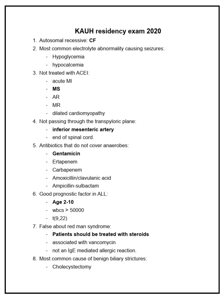 Medical Residency Exam Prep | PDF | Blood | Medical Specialties