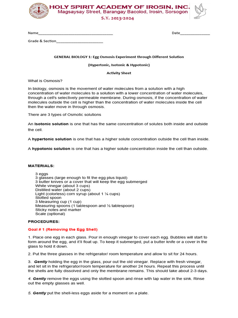 Egg Osmosis Lab Report Sheet | PDF | Osmosis | Chemistry