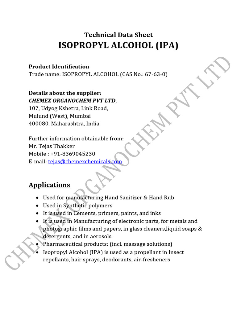 Isopropyl Alcohol Technical Data Sheet | PDF | Computers
