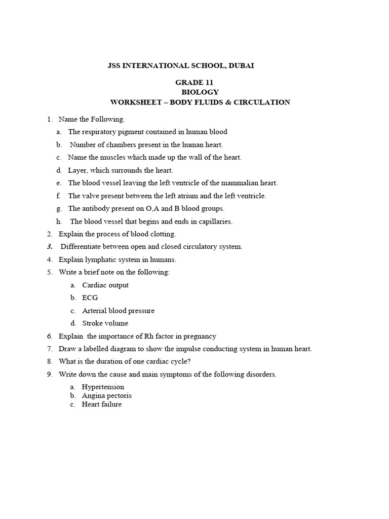 Grade 11 Worksheet-Body Fluids & Circulation - Docx 2021 | PDF | Heart ...