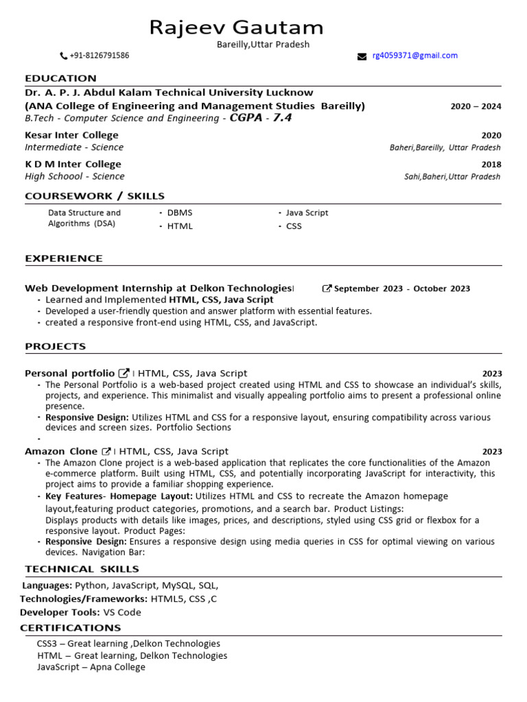 Rajeev Resume | PDF | Responsive Web Design | Java Script