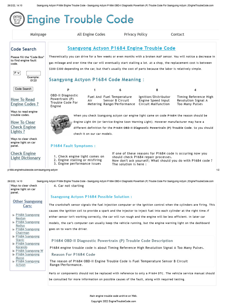 Ssangyong Actyon P1684 Engine Trouble Code - Ssangyong Actyon P1684 OBD-II Diagnostic Powertrain ...