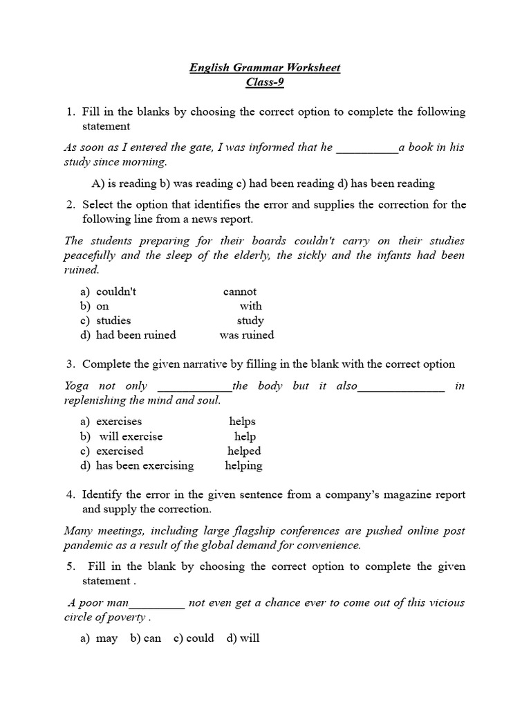 Class 9 English Grammar Worksheet | PDF