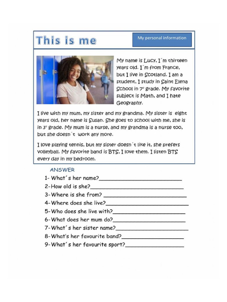 Personal Information Worksheet For Elementary | PDF