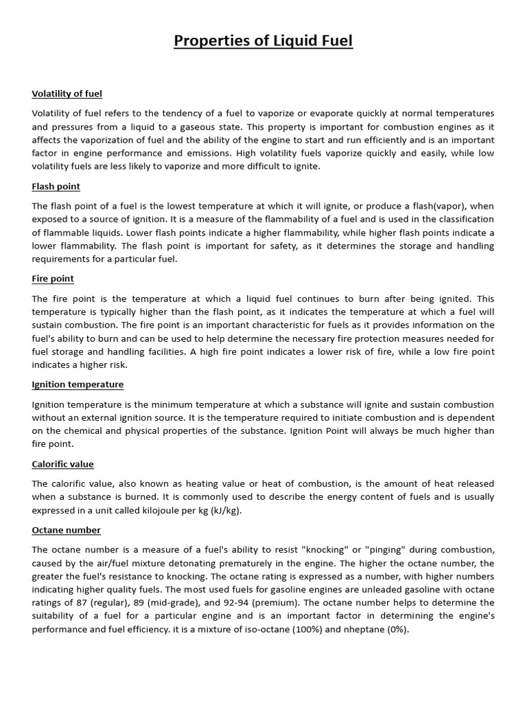 Key Properties of Liquid Fuels Explained | PDF | Combustion | Energy ...
