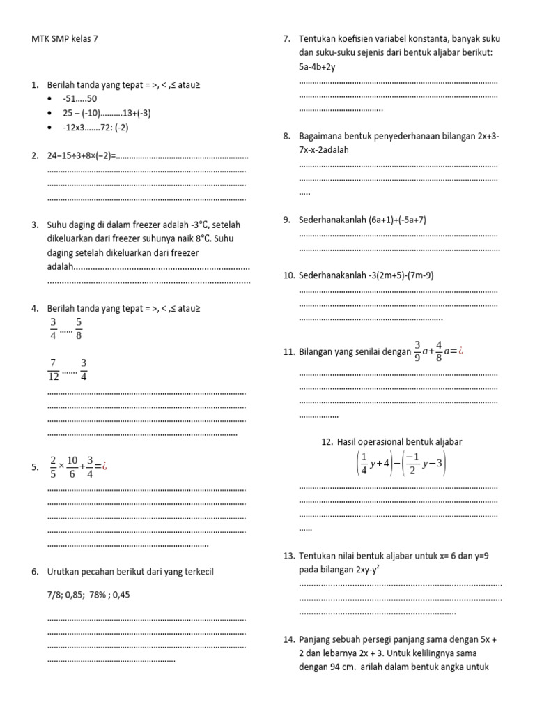 MTK SMP Maria Kelas 7 Semester 1 | PDF