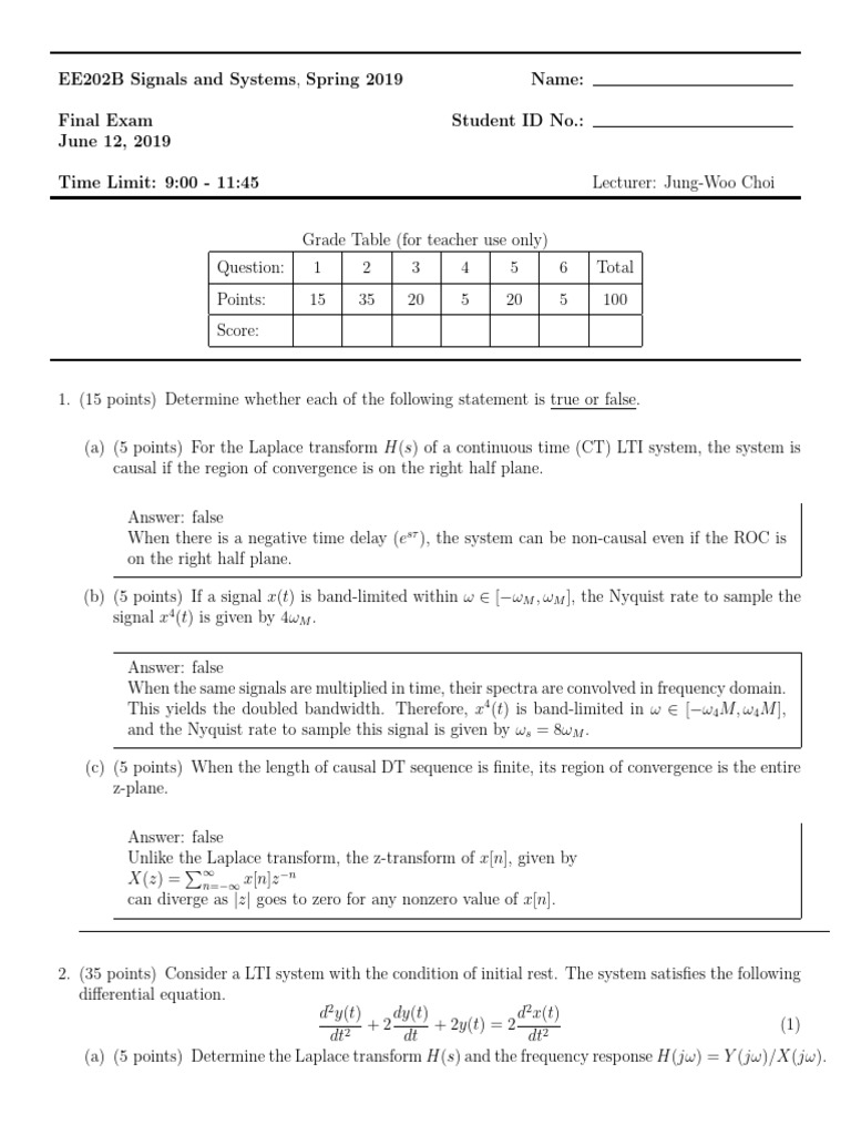 Sigsys 2019 Spring Final Solution | PDF | Damping | Control Theory