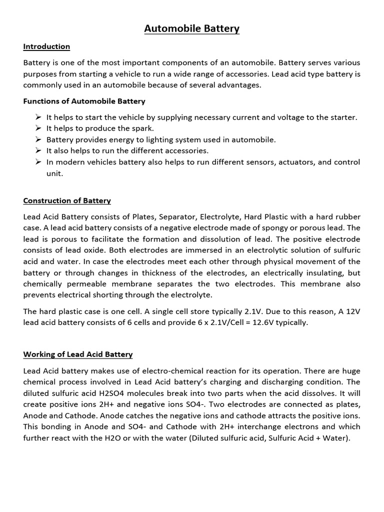 Automobile Battery | PDF | Battery Charger | Anode