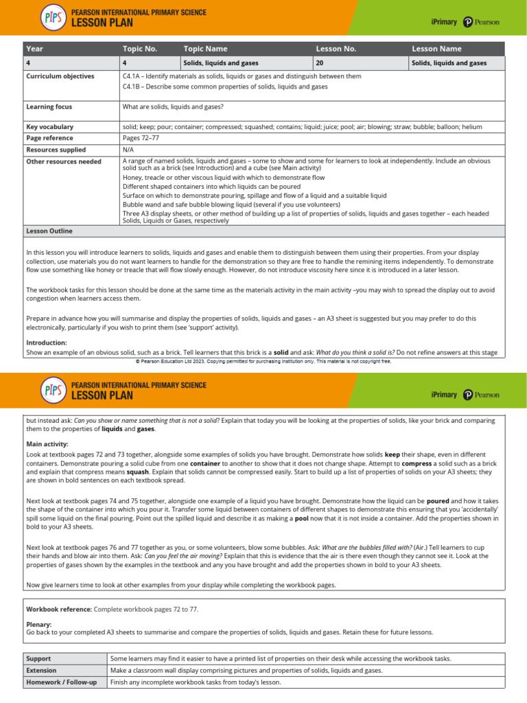 Y4 LessonPlan Solids Liquids and Gases | PDF | Thermometer | Temperature