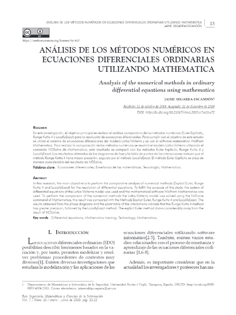 Análisis de los métodos numéricos en ecuaciones diferenciales | PDF