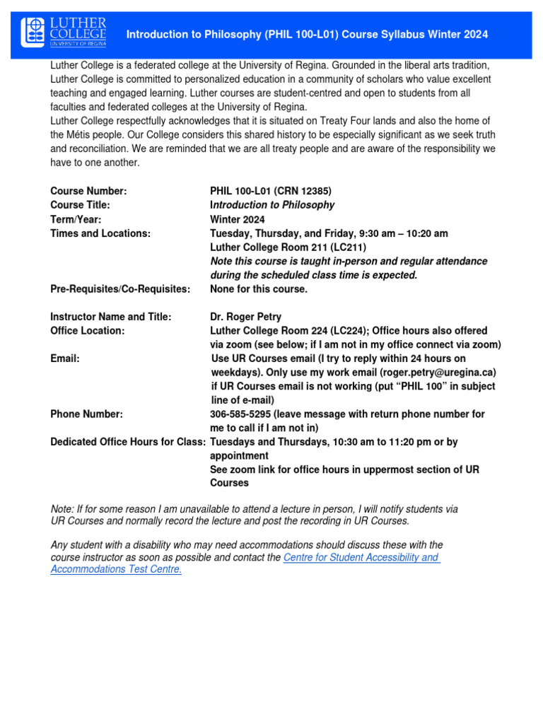 PHIL 100 Syllabus Winter 2024 | PDF | Critical Thinking | Academic ...