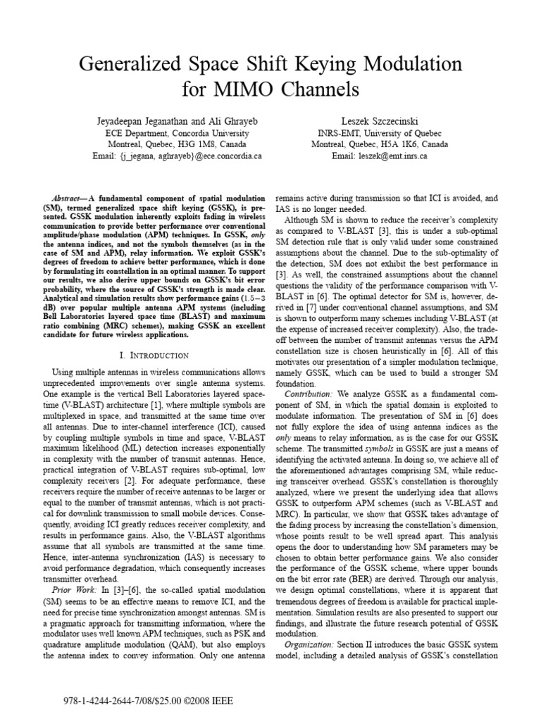 Space Shift Keying Modulation For MIMO Channels | PDF | Modulation | Mimo