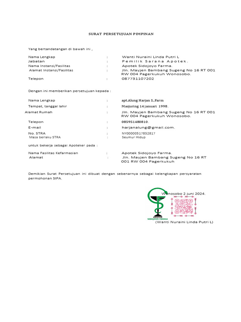 SURAT PERSETUJUAN PIMPINAN Alung Harjan | PDF