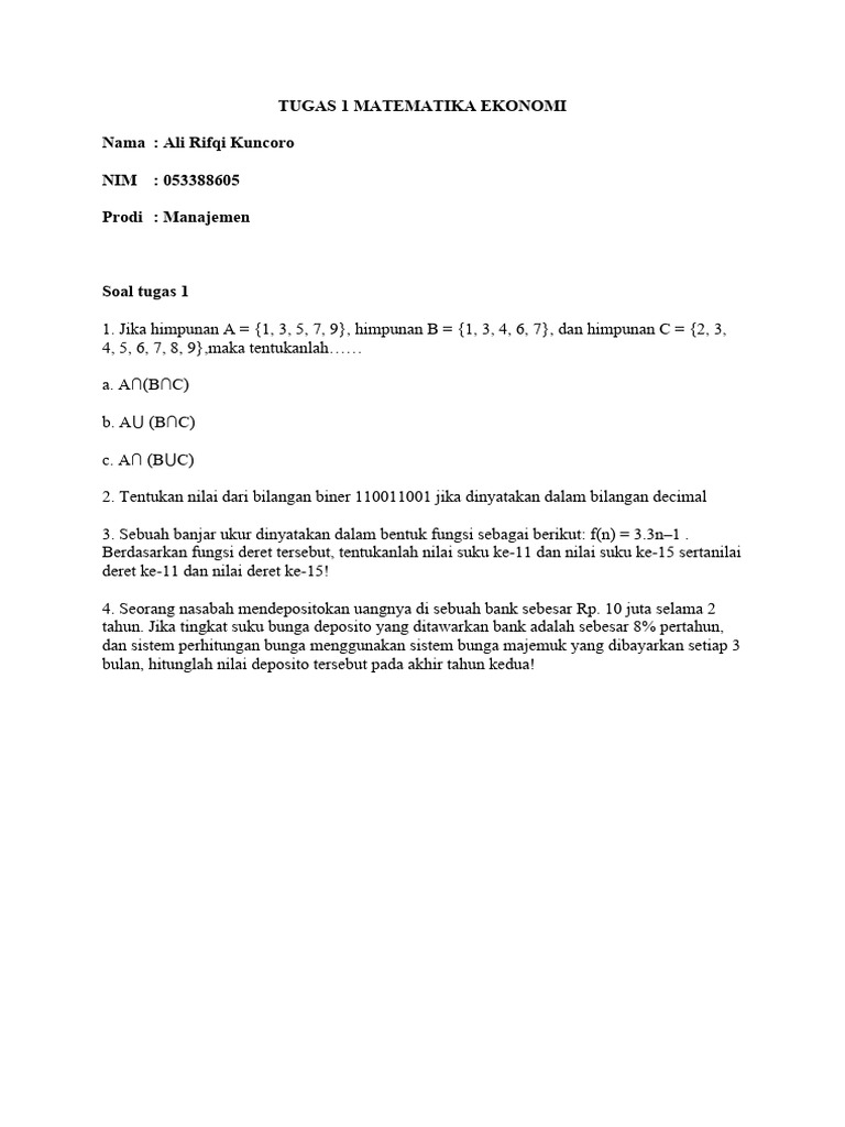 Tugas 1 Matematika Ekonomi | PDF | Metode & Bahan Ajar | Sains & Matematika