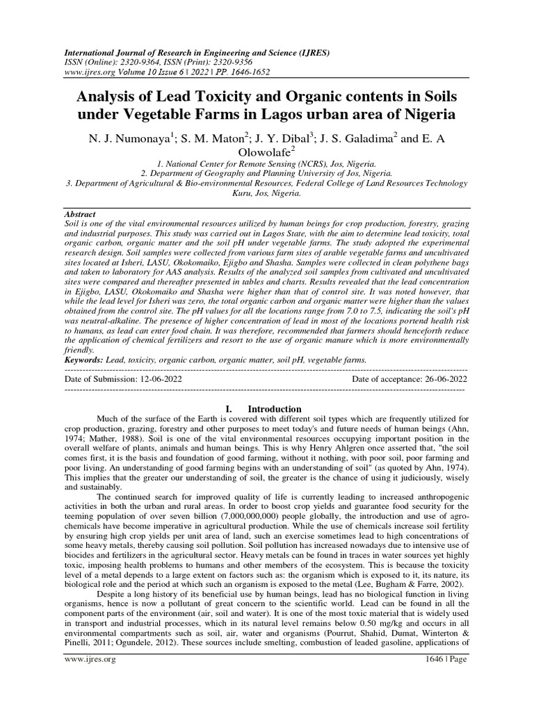 Analysis Of Lead Toxicity Pdf Soil Agriculture
