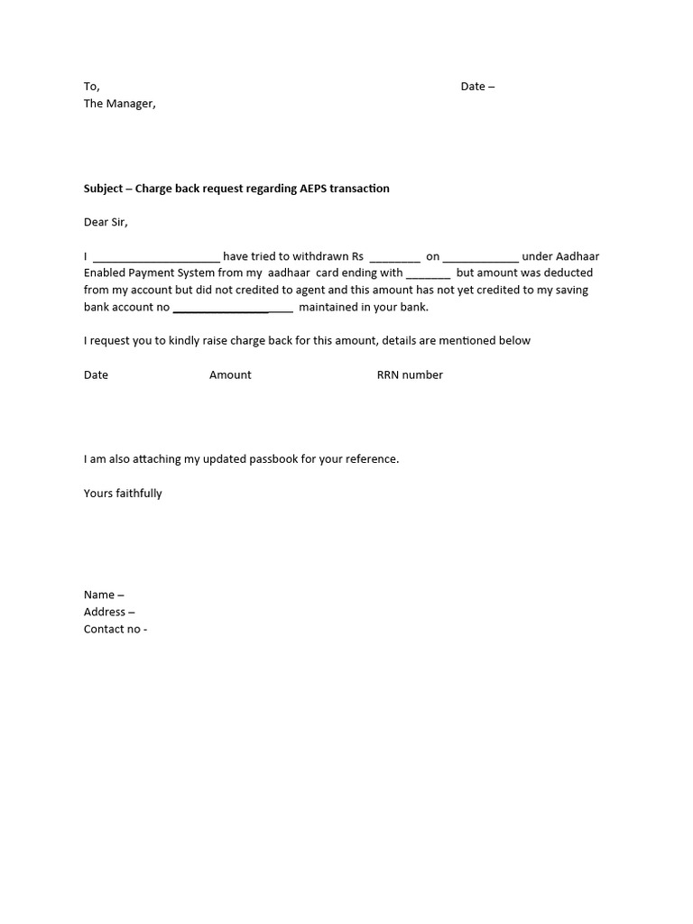 Aeps Charge Back Letter Format | PDF