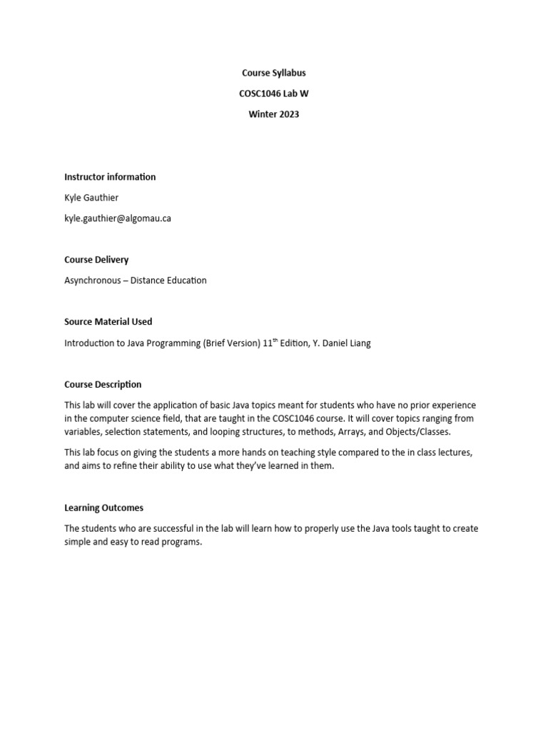 COSC1046 Lab W Syllabus - 23W (DE) | PDF | Variable (Computer Science ...