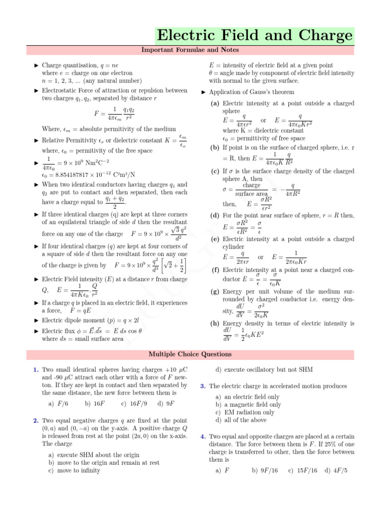 FORMULA SHEET PHYSICS | PDF | Permittivity | Electric Field