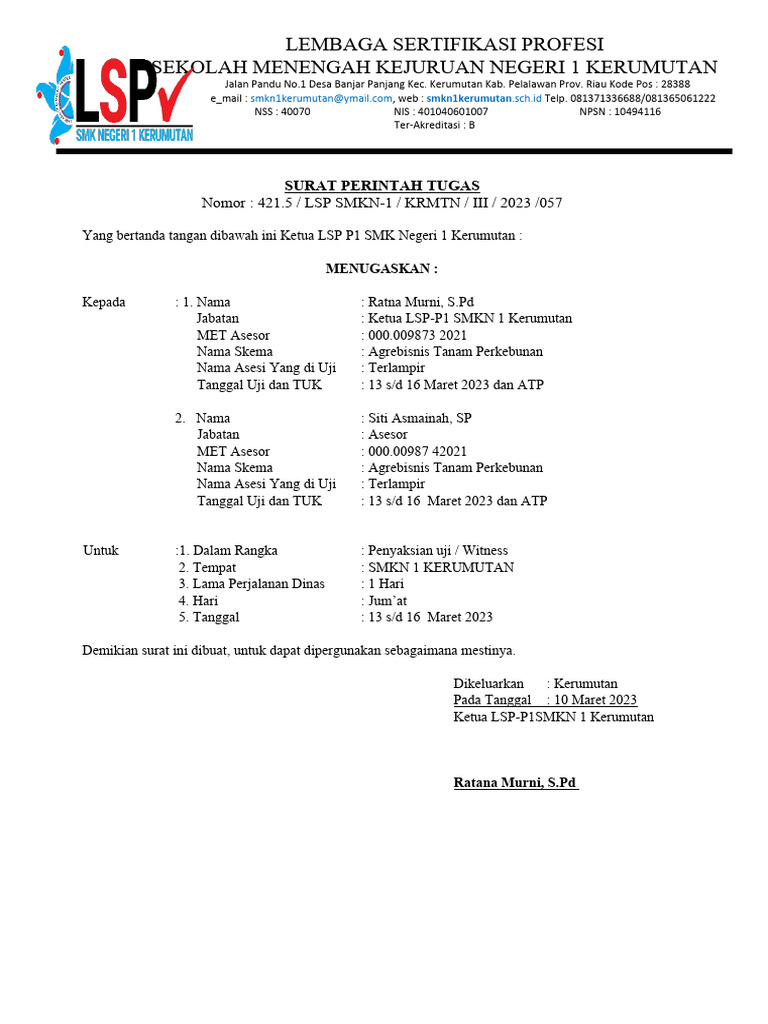 Surat Tugas Asesor LSP LP 1 SMKN Kerumutan | PDF