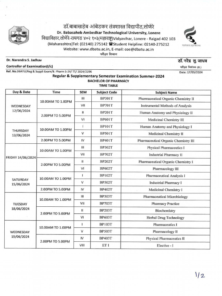B.pharm Regular & Supplementary Summer 2024 Time Table | PDF