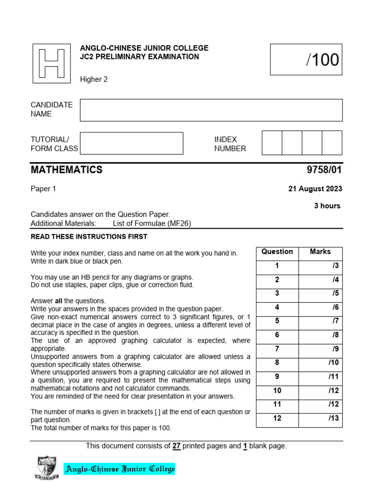 Acjc 9758 2023 Prelim p1 | PDF | Equations | Takeoff
