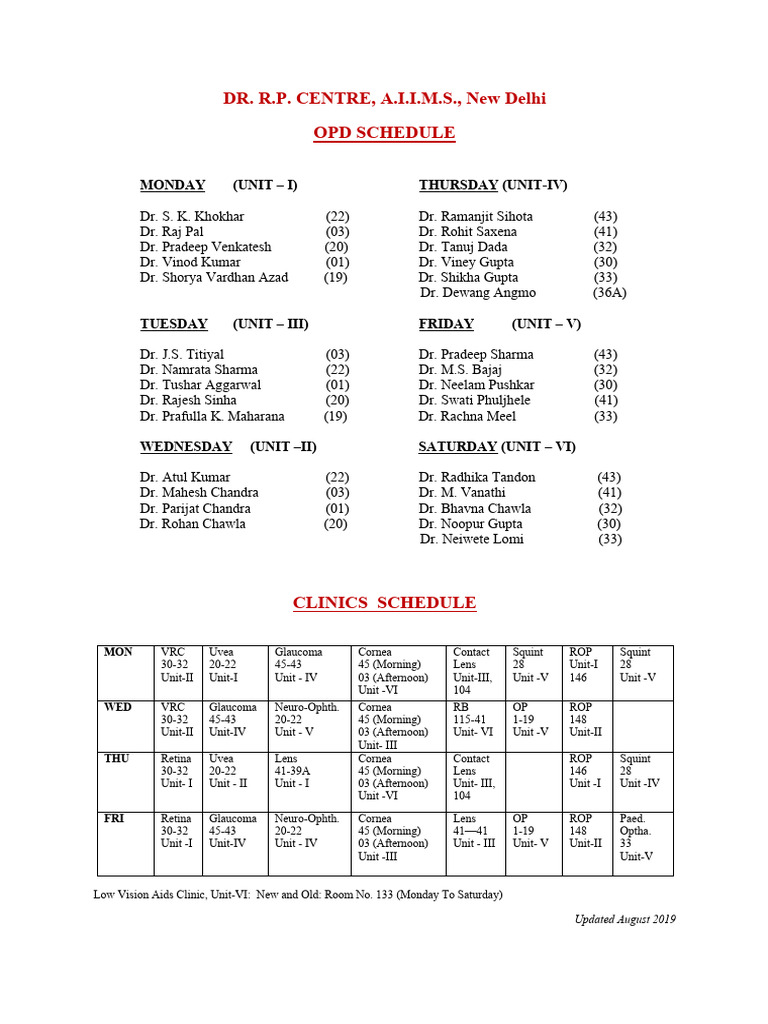 Opd Schedule RPC-2-9-19 | PDF | Ophthalmology | Facial Features